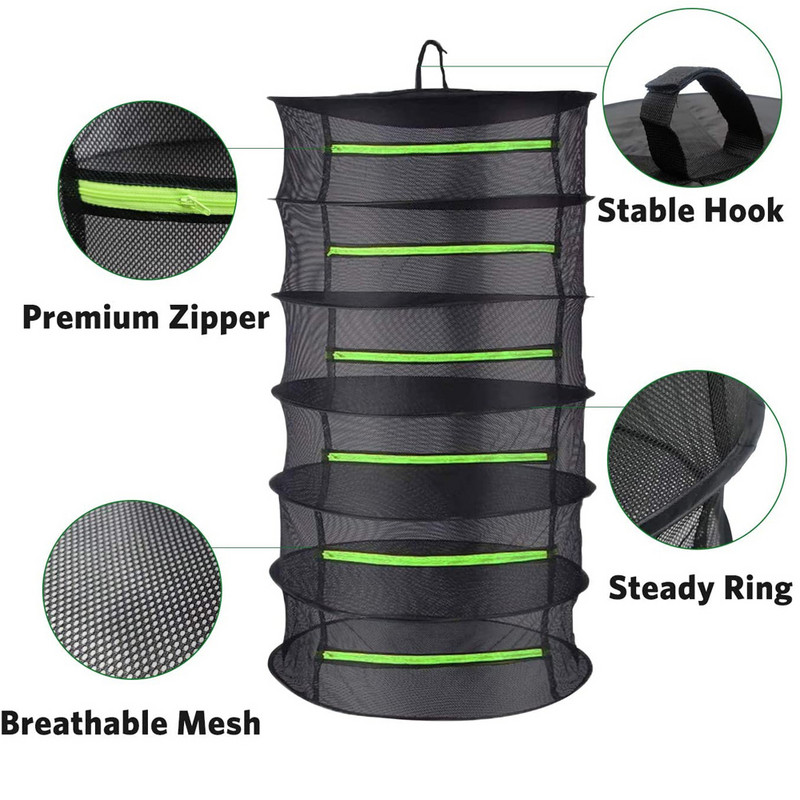 Диаметър 60 Cm 2 4 6 8 слоя сушилня Мрежа за сушене на билки Черна мрежа Висяща сушилня с цип за